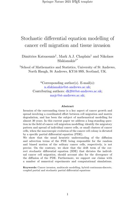 Pdf Stochastic Differential Equation Modelling Of Cancer Cell