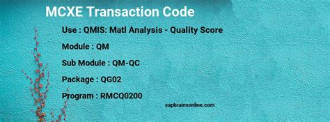 MCXE SAP Tcode For QMIS Matl Analysis Quality Score