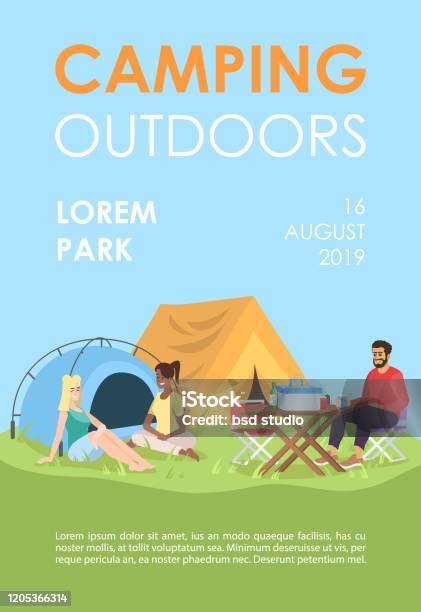 캠핑 야외 브로셔 템플릿입니다 여름 휴식 전단지 소책자 평면 일러스트와 전단지 개념 잡지의 벡터 페이지 레이아웃입니다 텍스트