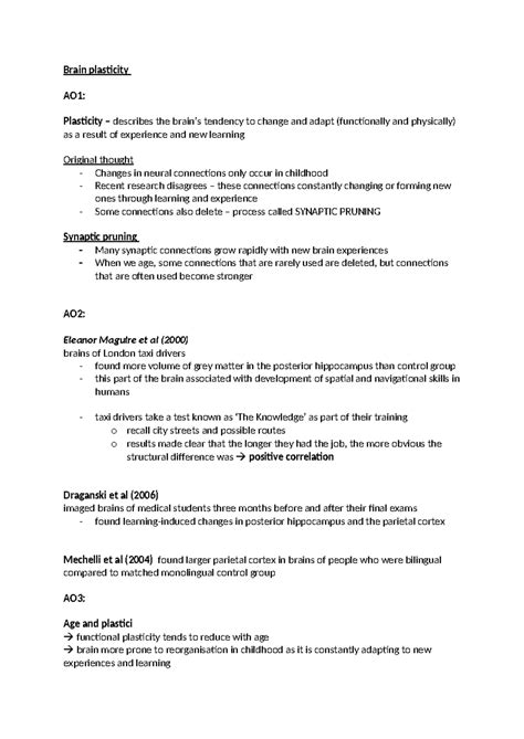 Brain Plasticity And Functional Recovery Brain Plasticity Ao1 Plasticity Describes The