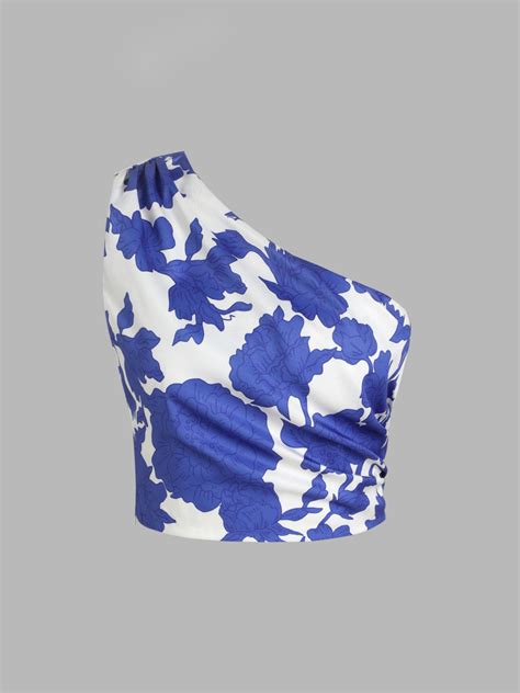 Woven Floral Ruched Asymmetrical Crop Cami Top For Date Vacation