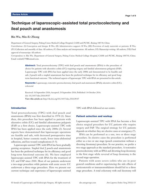 PDF Technique Of Laparoscopic Assisted Total Proctocolectomy And Ileal Pouch Anal Anastomosis