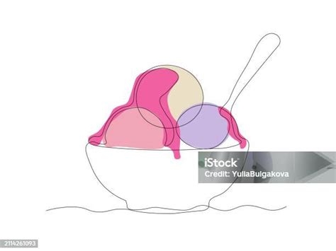 숟가락을 가진 그릇에 있는 아이스크림의 추상적인 3개의 공 지속적인 단 하나 선 예술 손 그리기 밑그림 0명에 대한 스톡 벡터 아트 및 기타 이미지 Istock