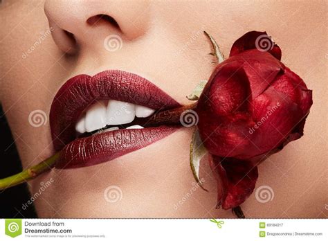 Woman With Red Lipstick Holding A Red Rose In Mouth Stock Image Image