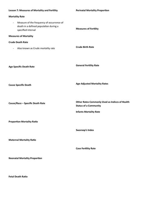 Bio Stats Reviewer Biostatistics Summary Lesson 7 Measures Of Mortality And Fertility