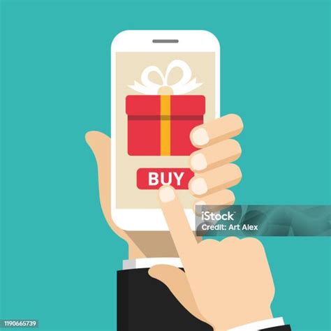 화면에 선물 상자와 함께 스마트 폰을 들고 손을 손가락이 버튼을 터치합니다 벡터 플랫 일러스트레이션입니다 개념에 대한 스톡 벡터