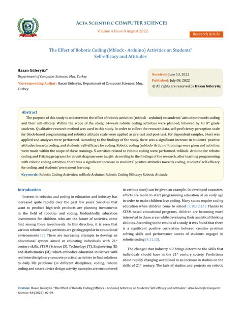 Pdf The Effect Of Robotic Coding Mblock Arduino Activities On