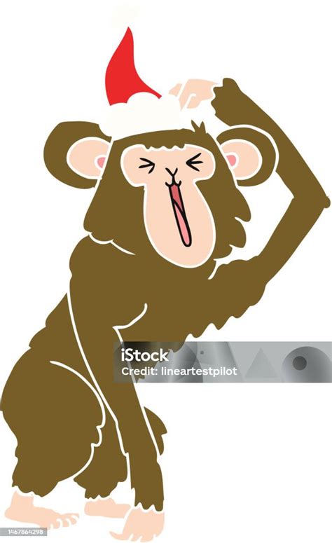 산타 모자를 쓰고 머리를 긁는 침팬지의 손으로 그린 평면 컬러 그림 귀여운에 대한 스톡 벡터 아트 및 기타 이미지 귀여운 긁음 낙서 드로잉 Istock