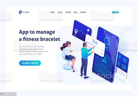 아이소메트릭 컨셉 젊은 이들이 피트니스 팔찌 관리 앱 헤더 컨셉으로 작업하고 있습니다 웹 사이트에 대한 템플릿 방문 페이지 개발에 대한 스톡 벡터 아트 및 기타 이미지