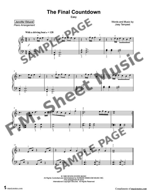 The Final Countdown Easy Piano By Europe Fm Sheet Music Pop