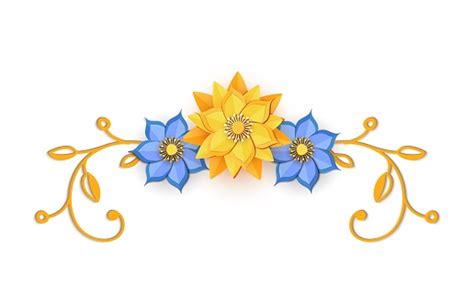 꽃 조성으로 종이 컷 디자인 노란색과 파란색 색상의 종이 꽃과 잎과 아름다운 배경 판타지 꽃 인사말 카드 프레임의 요소입니다