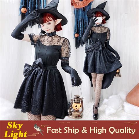 Sexy Black Witch Costume Cosplay Lace Rose Mesh Bow Dress For Woman Adult Halloween Christmas