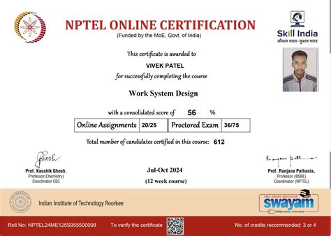 Completed 12 Week Course Of Work System Design On Nptel Vivek Patel