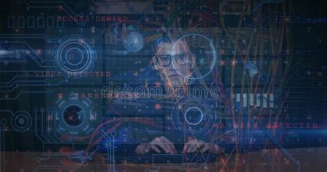 Image Of Cyber Attack Warning Text And Data Processing Over Male Hacker