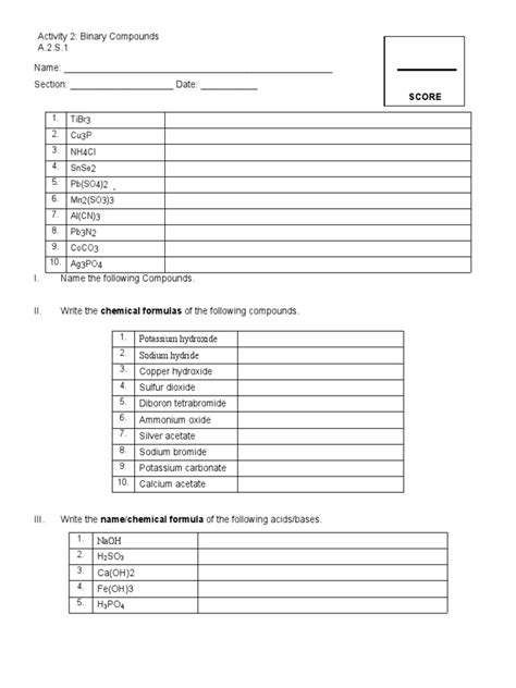 Activity Binary Compounds Set 1 Download Free Pdf Chemical