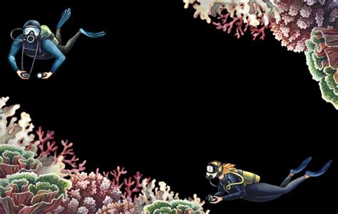 다이버와 해양 생물이 있는 산호 프레임 수중 세계 수채화 손으로 그렸습니다 검은색 배경에 수족관 열대 암초 배너 엽서 및 전단지