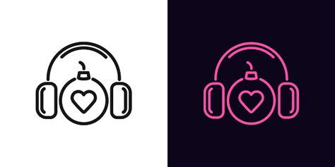 편집 가능한 스트로크가 있는 폭탄 아이콘을 간략하게 설명합니다 헤드폰과 하트 사인이 있는 선형 폭탄 폭발적인 사운드 Brand Name Video Game에 대한 스톡 벡터