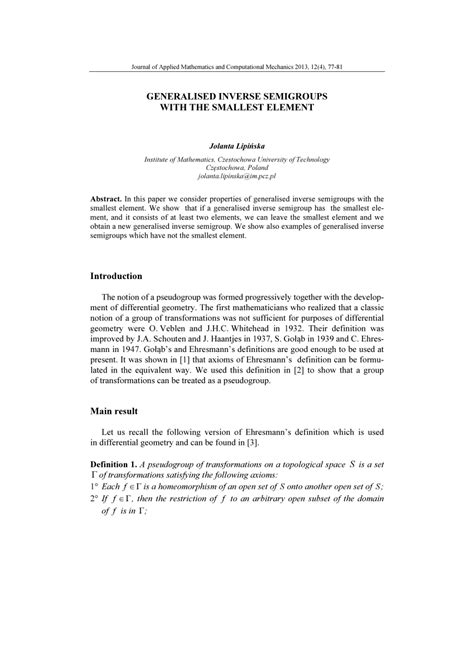 Pdf Generalised Inverse Semigroups With The Smallest Element