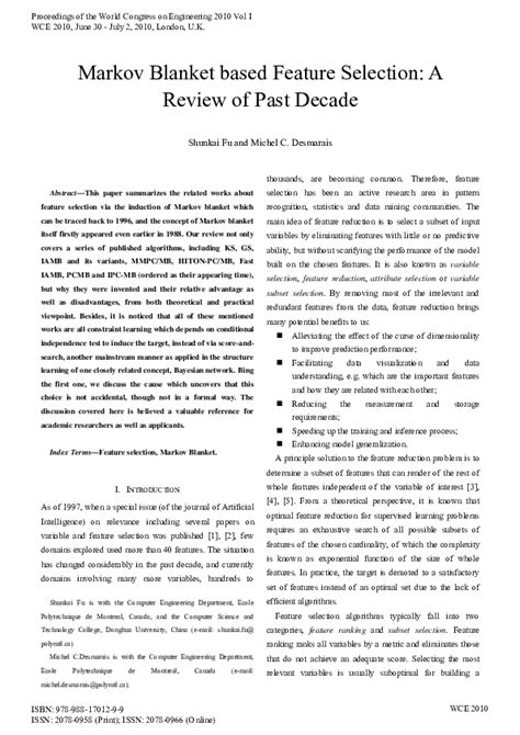 Pdf Markov Blanket Based Feature Selection A Review Of Past Decade