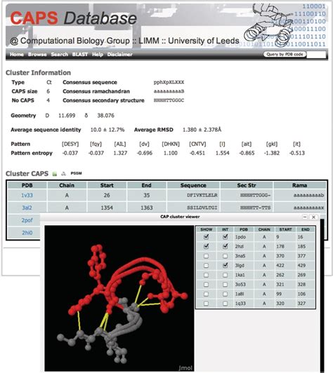 Screenshot Of CAPS DB Cluster Information Web Page And Jmol Applet