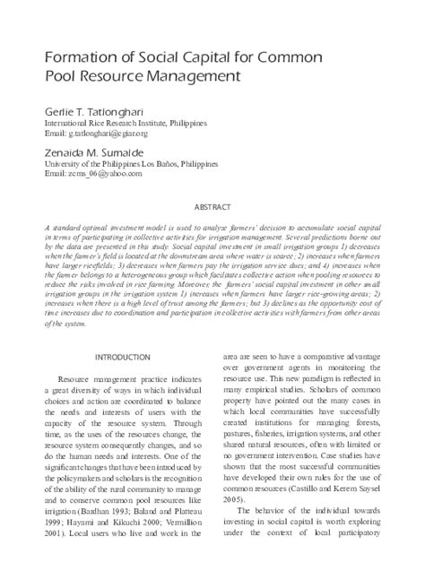 Pdf Formation Of Social Capital For Common Pool Resource Management