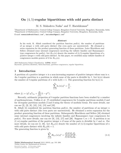 Pdf On 4 5 Regular Bipartitions With Odd Parts Distinct