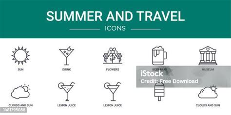 10 개요 웹 여름 및 여행 아이콘 등 태양 음료 꽃 맥주 잔 박물관 구름과 태양 레몬 주스 벡터 아이콘 보고서 프리젠 테이션 다이어그램 웹 디자인 모바일 앱 0명에 대한