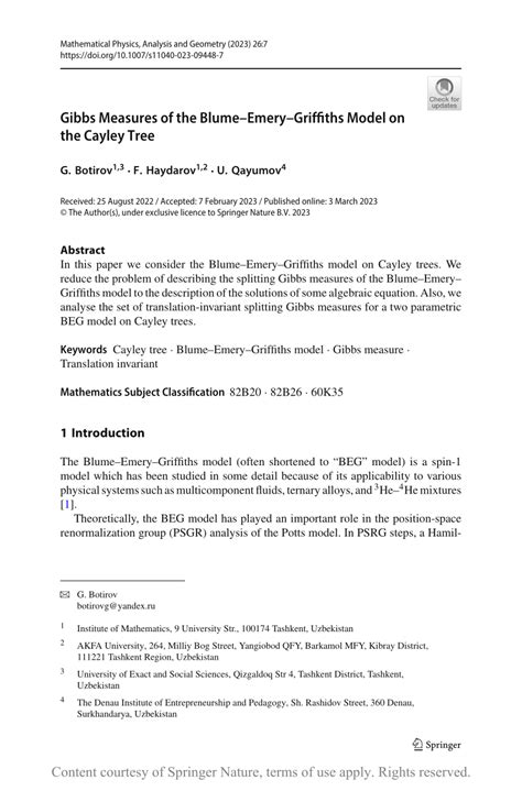 Gibbs Measures Of The Blumeemerygriffiths Model On The Cayley Tree Request Pdf