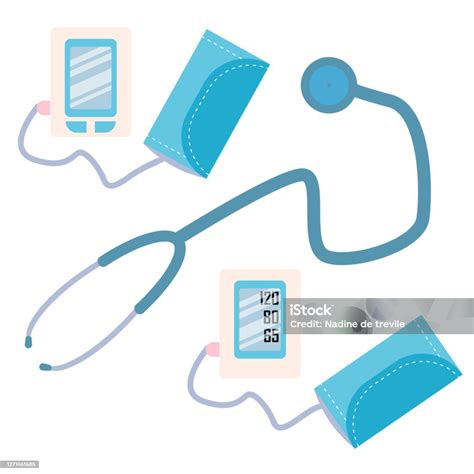 의료 전기 혈압 모니터 활성화 및 비활성화 그리고 흰색 배경에 격리 된 청진기 고혈압 디지털 토노미터 모형 만화 스타일 플랫