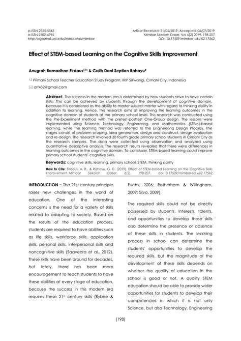 Pdf Effect Of Stem Based Learning On The Cognitive Skills Improvement