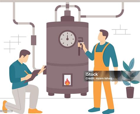 대형 온수기 보일러 개념 기술자 보장 최적의 난방 시스템 성능 벡터 디자인 배관 작업자 배너 핸디 서비스 장면 Hvac 일러스트레이션에 종사하는 두 명의 전문가 가정 생활에