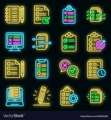 Assignment Icons Set Neon Royalty Free Vector Image