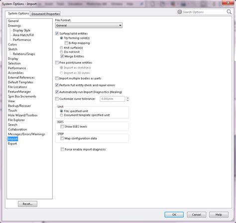 System Options Import General SOLIDWORKS API Help