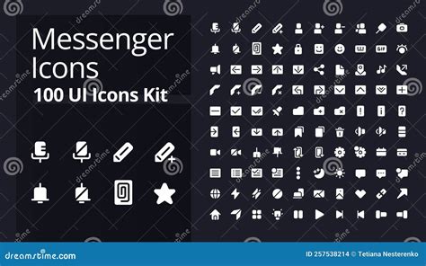 Messenger Application White Glyph Ui Icons Kit For Dark Mode Stock Vector Illustration Of