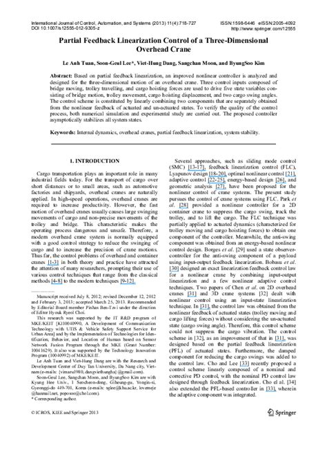 Pdf Partial Feedback Linearization Control Of A Three Dimensional Overhead Crane