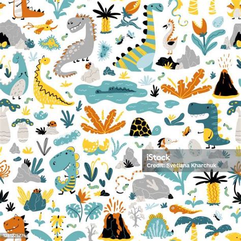 다양한 공룡 새 뱀 정글의 곤충 열대 화산 야자수 구름 계란의 귀여운 원활한 패턴 스칸디나비아 스타일의 아기 벡터 일러스트레이션