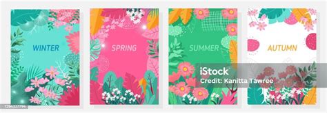 벡터 세트 꽃 배경 자연 배경 사계절 템플릿 배너 표지 템플릿 엽서 가을에 대한 스톡 벡터 아트 및 기타 이미지 가을 겨울