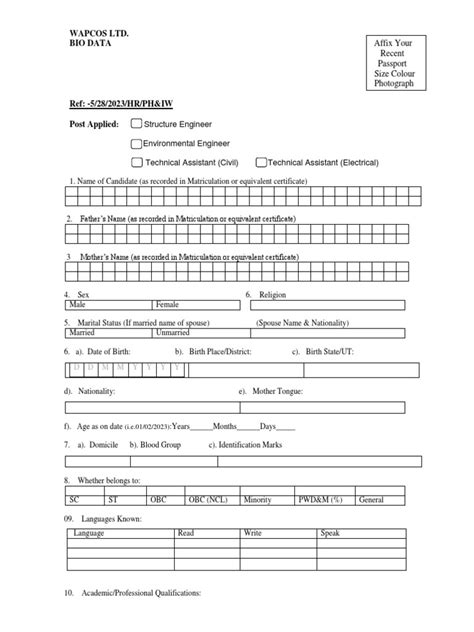 Recent Passport Size Colour Photograph Wapcos Ltd Bio Data Affix Your Pdf Identity