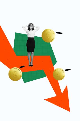 복합 3d 콜라주 트렌드 아트웍 템플릿 디자인 충격을 받은 숙녀 스탠드 화살표 인플레이션 다운 무역 시장 달러 투자 부의 일 20 24세에 대한 스톡 사진 및 기타 이미지