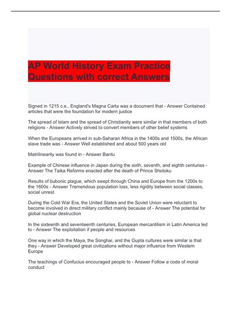 AP World History Exam Practice Questions With Correct Answers AP World History Stuvia UK