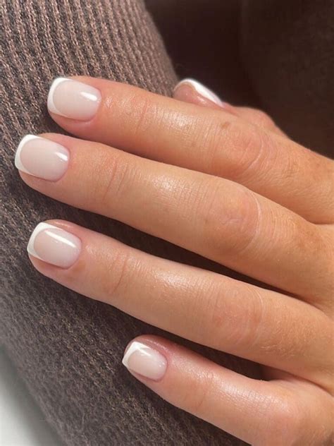 Milky Short Nails With Thin French Tips Short Squoval Dip Nails