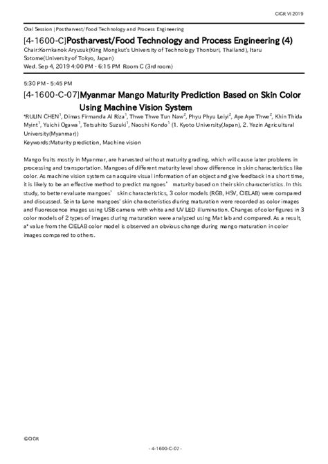 Pdf Myanmar Mango Maturity Prediction Based On Skin Color Using