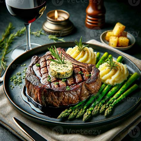 Ai Generated Grilled Ribeye Steak Steak With Asparagus And Mashed
