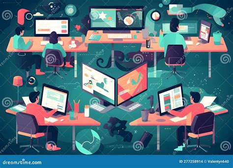 Man Sitting At Desk In Front Of Computer Monitor And Two Monitors