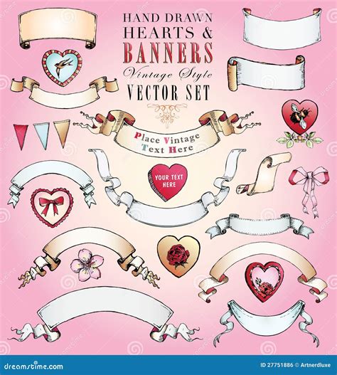 Hand Drawn Hearts And Banners Vector Set Stock Vector Illustration Of