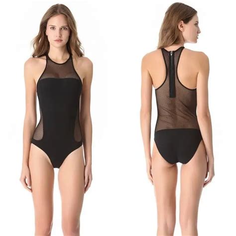 2015 New Hot Mesh Black One Piece Swimsuit Sexy See Through Mesh One