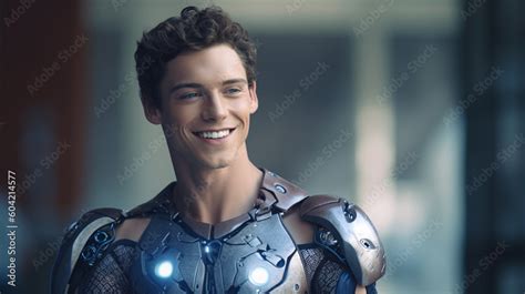 A Young Attractive Man Half Robot Or A Humanoid Android With Artificial