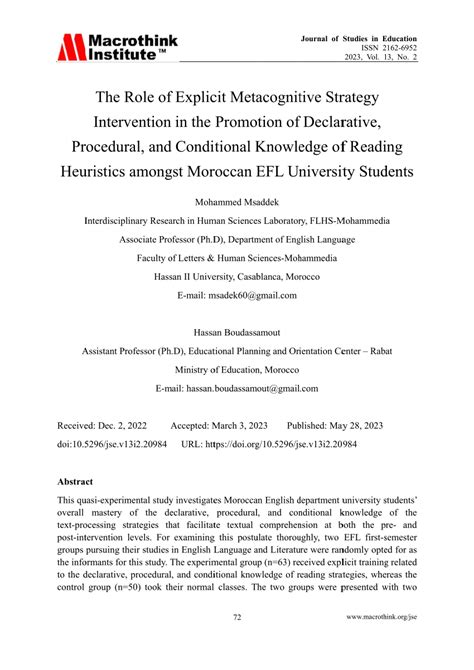 Pdf The Role Of Explicit Metacognitive Strategy Intervention In The