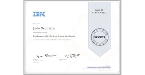jude sequeira on linkedin completion certificate for databases and sql for data science with python