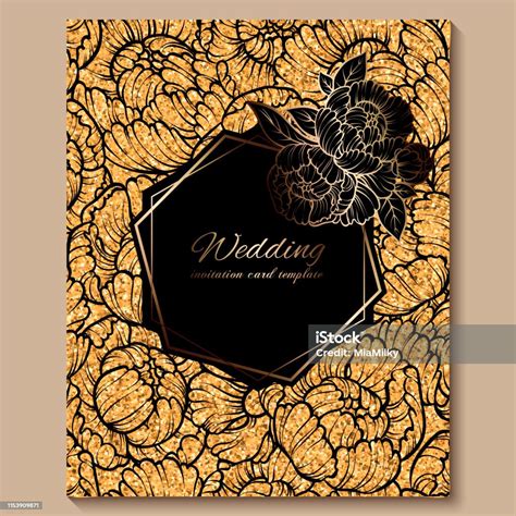 골동품 로얄 럭셔리 웨딩 초대장 카드 텍스트 프레임 및 장소 장미 또는 모란으로 만든 검은 레이스 단풍과 황금 반짝이 배경 0명에 대한 스톡 벡터 아트 및 기타 이미지